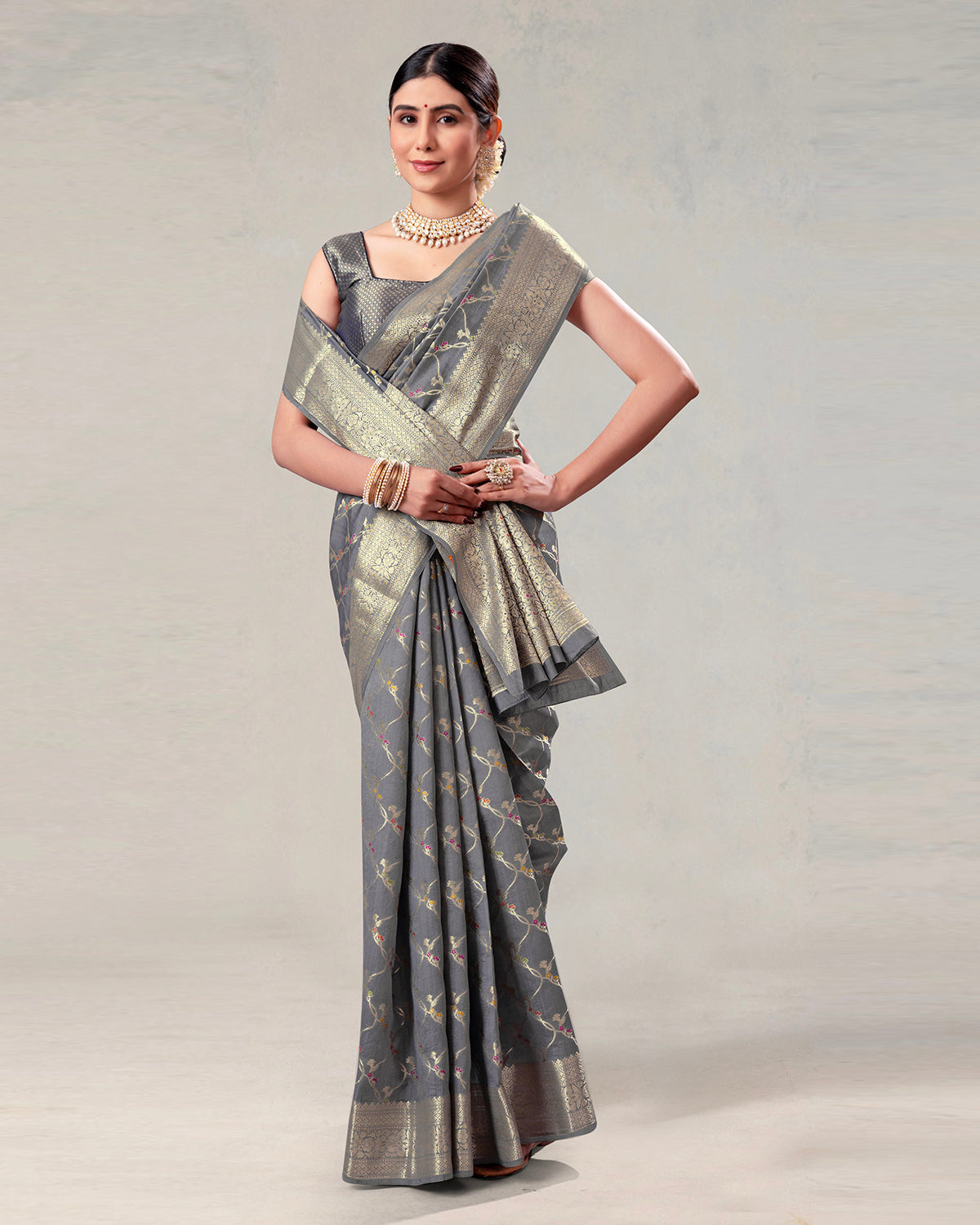 Grey Pure Banarasi Silk Traditional Meenakari And Authentic Zari Weavi ...