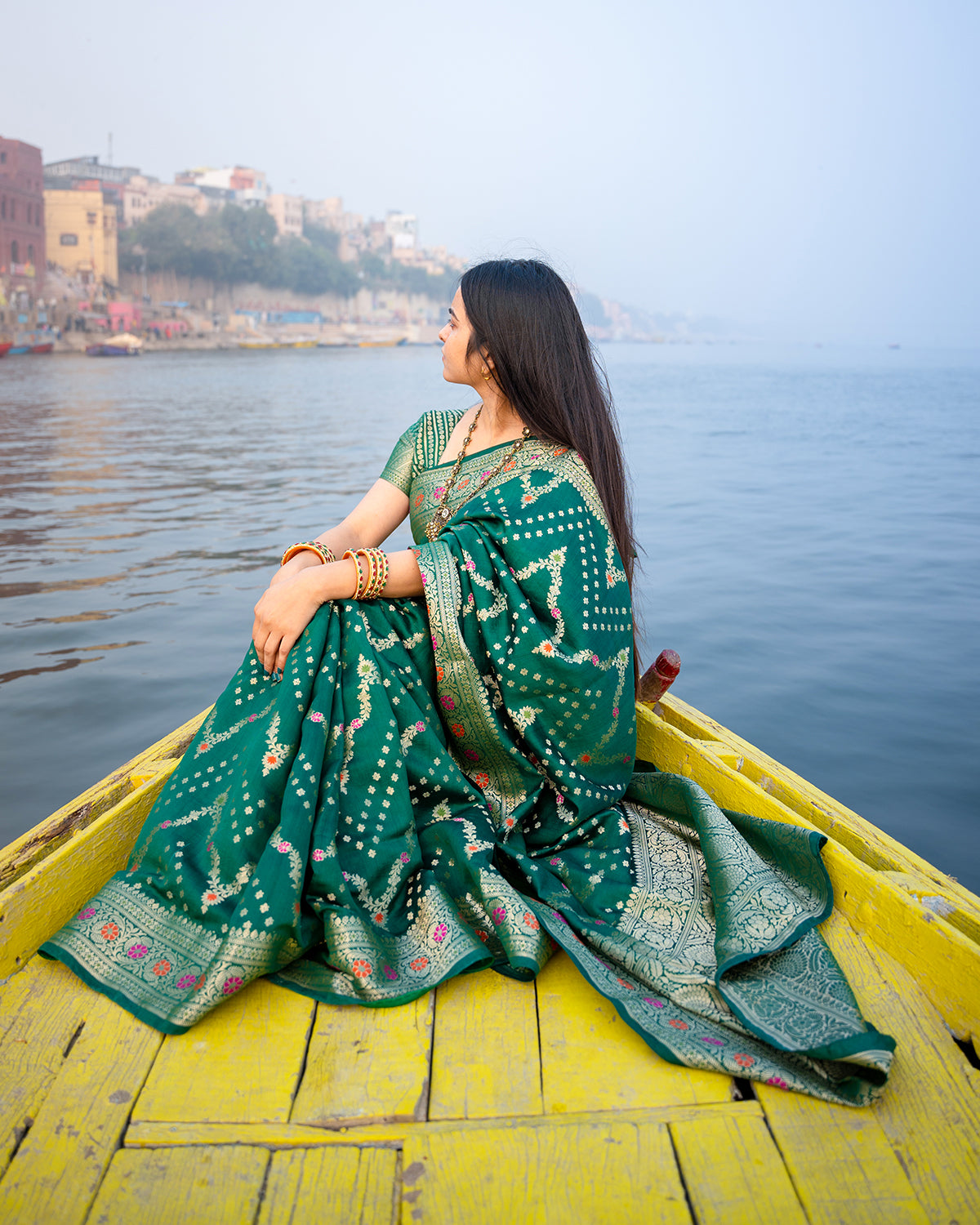 Rich Green Pure Banarasi Silk Masterpiece - Ghats of Banaras – katansi
